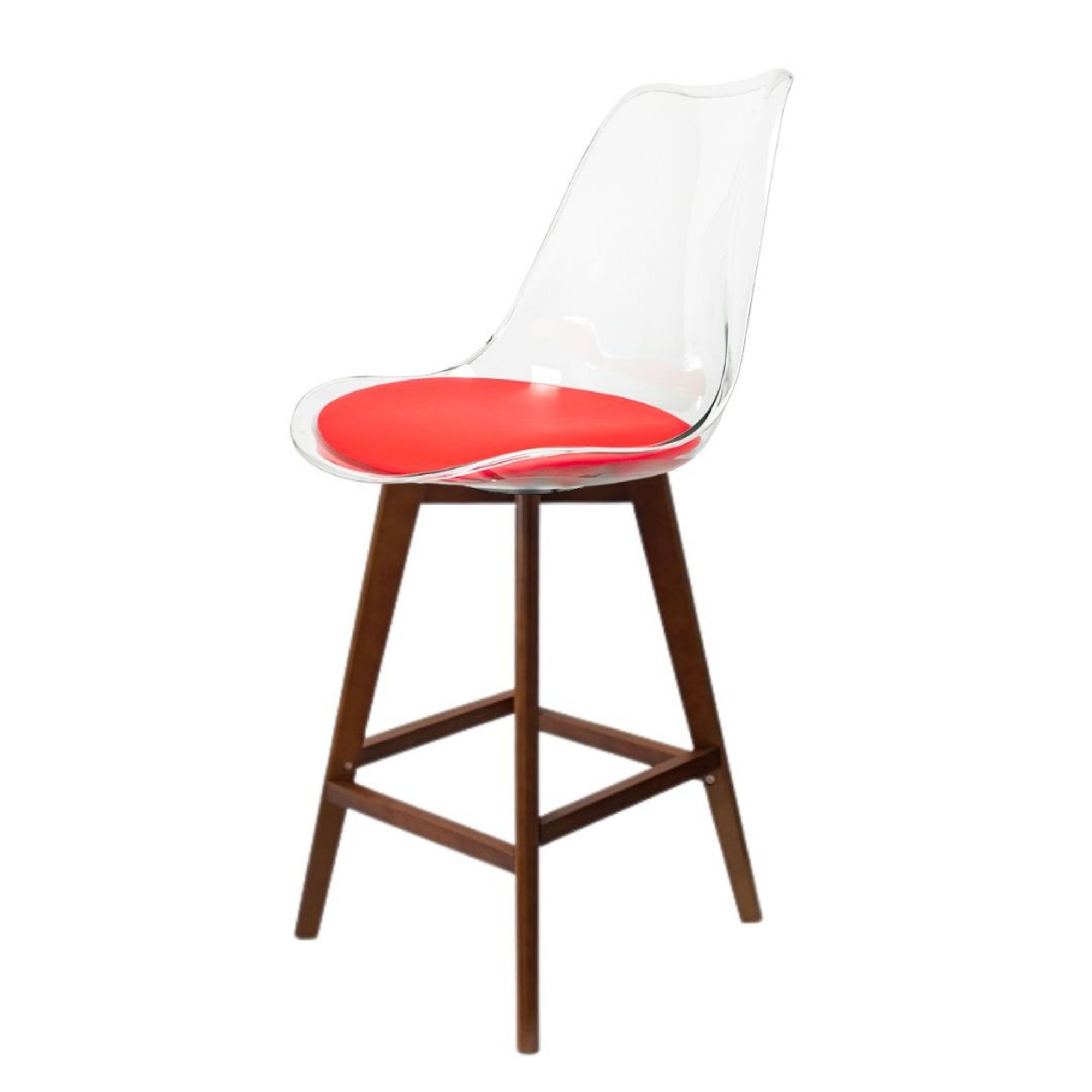 Soho Clear & Red Plastic Bar Stool with Dark Wood Legs | Woodie's